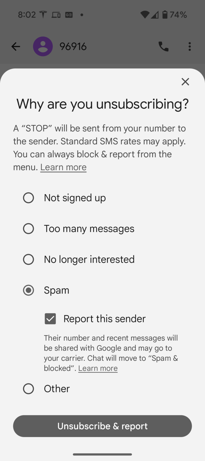 A new unsubscribe button in Google Messages should help curb spam